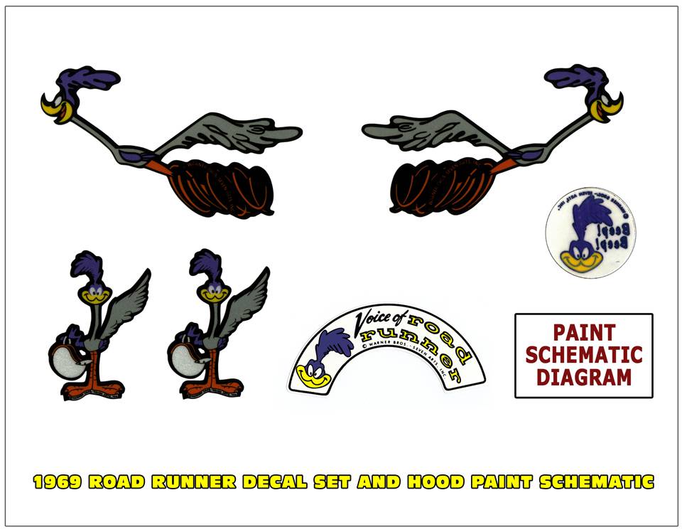 1969 Plymouth Road Runner - Bird Trim Decal Kit - Hood Paint Schematic ...